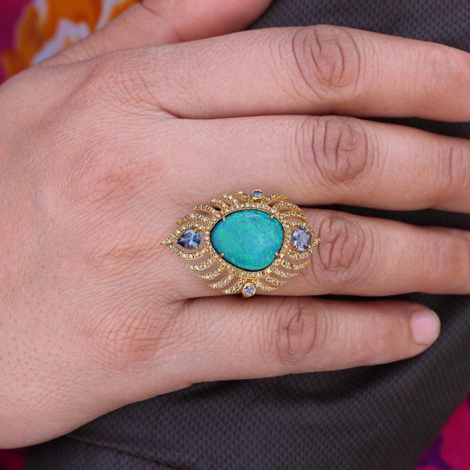 Solid 18k Yellow Gold Tanzanite and Blue Opal Gemstone | Etsy