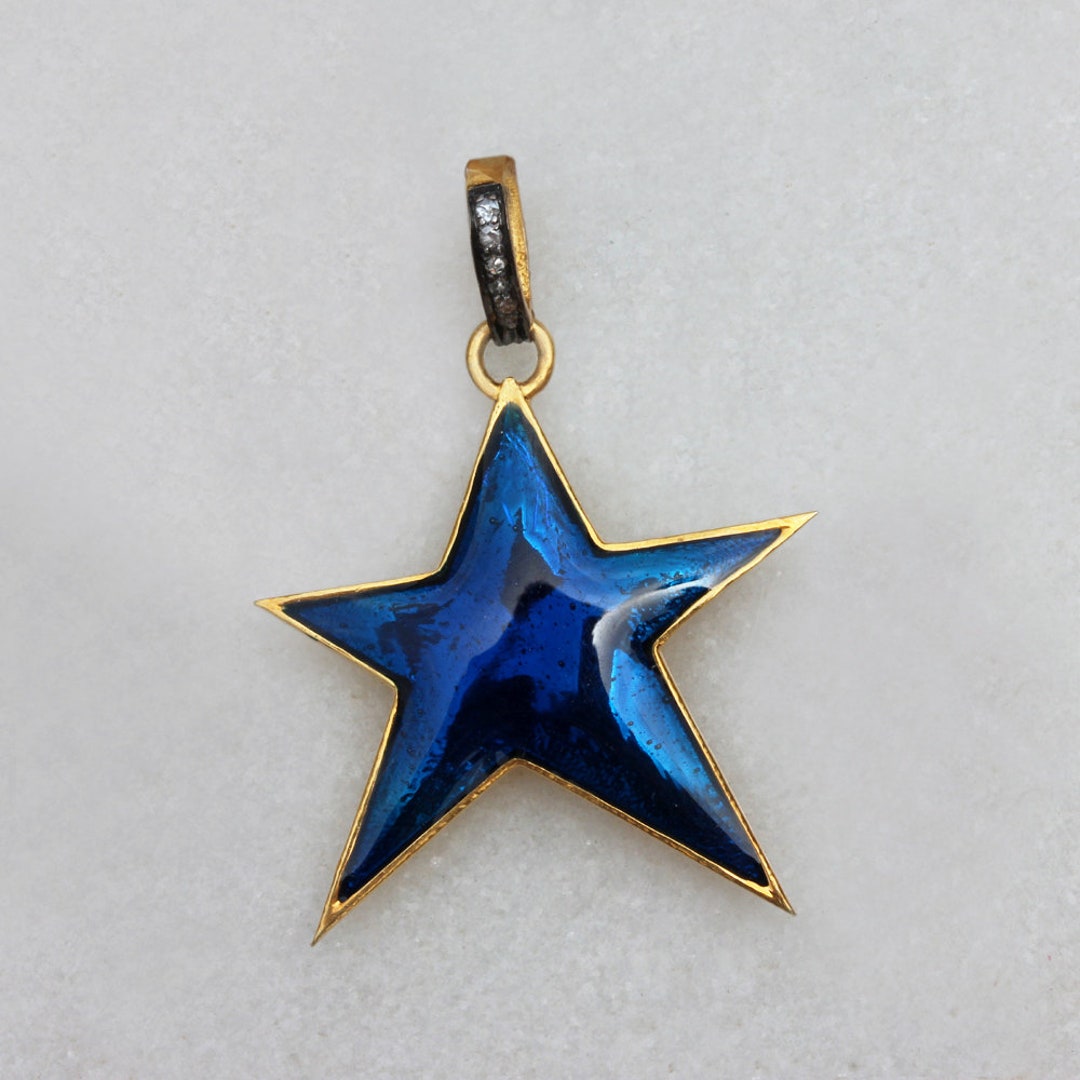 925 Sterling Silver Enamel Star Shape Pendant Solid 14k Yellow - Etsy