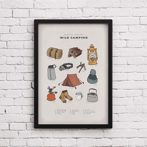 Wild Camping Poster, Outdoor Camping Gear Digital Illustration Giclee ...