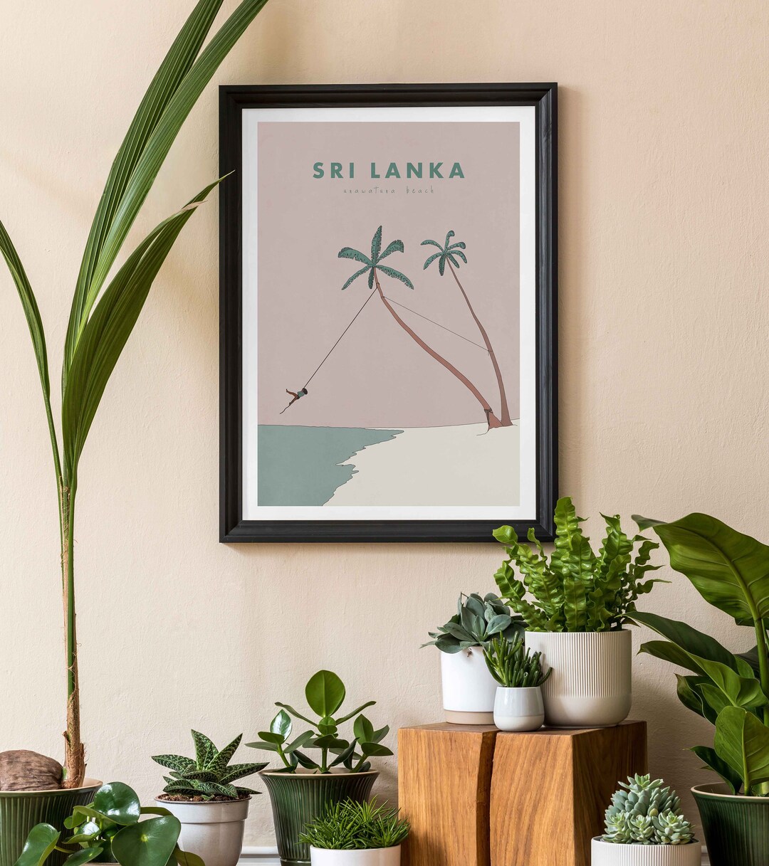 Sri Lanka Travel Poster, Ceylon Art Digital Illustration, Pastel Pink ...