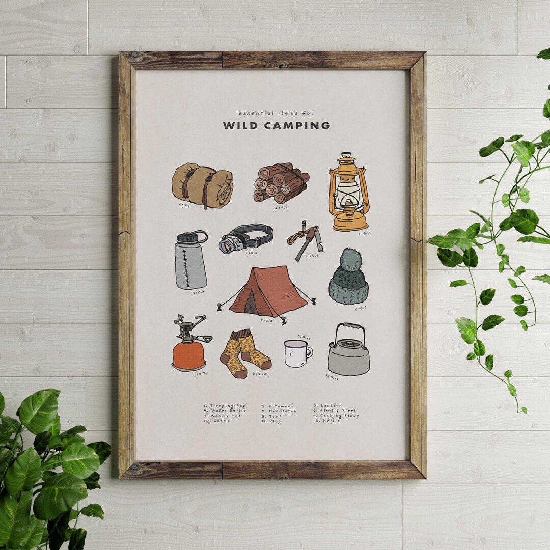 Wild Camping Poster, Outdoor Camping Gear Digital Illustration Giclee ...