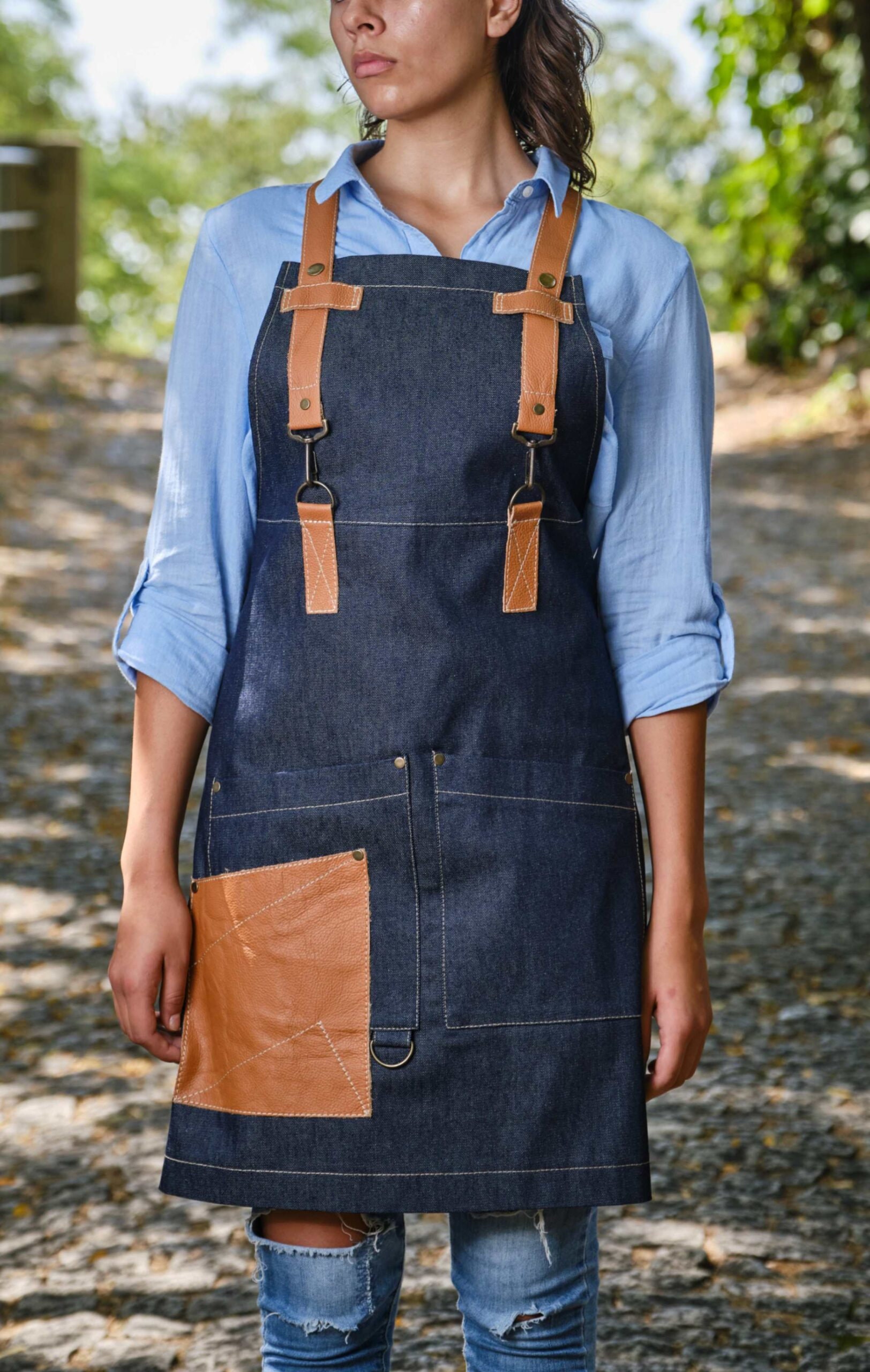 Blue Denim and Leather Apron With Three Pockets | Unisex | Removable ...