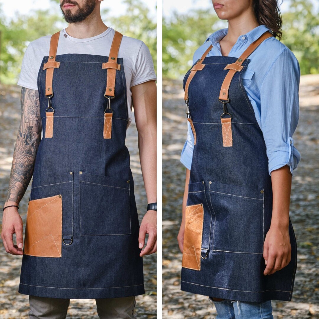 Blue Denim and Leather Apron With Three Pockets | Unisex | Removable ...