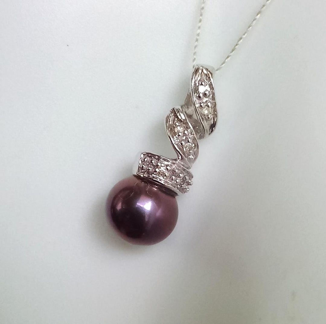 10k Solid White Gold Black Pearl Diamond Pendant Corkscrew Design ...