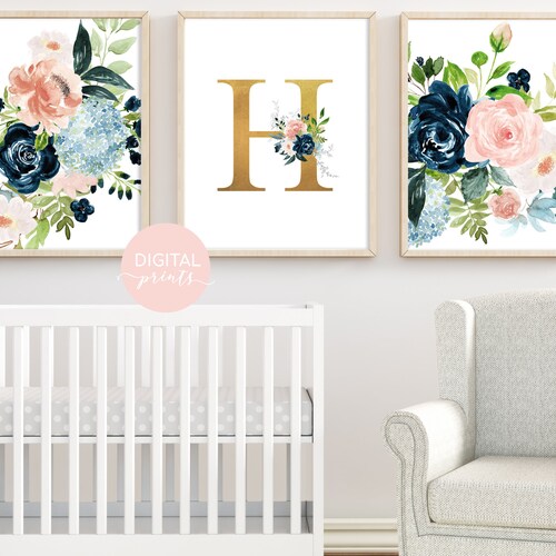 Monogram Letter Blush Pink Navy Floral Prints Girl Nursery | Etsy