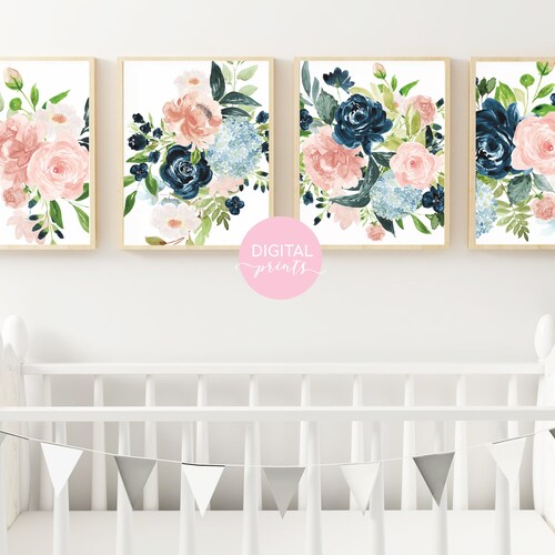 Floral Girl Nursery Wall Art Watercolor Pink Coral Blush Navy - Etsy