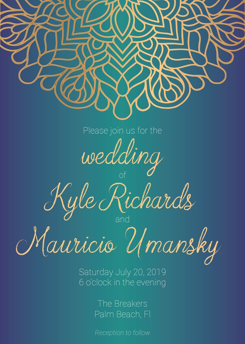 Moroccan Wedding Invitation set of 6 elegant peacock gold | Etsy