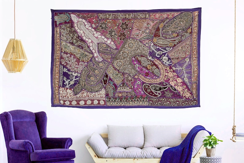Embroidered Indian Tapestry: Handmade Patchwork Beaded Wall Hanging - Etsy