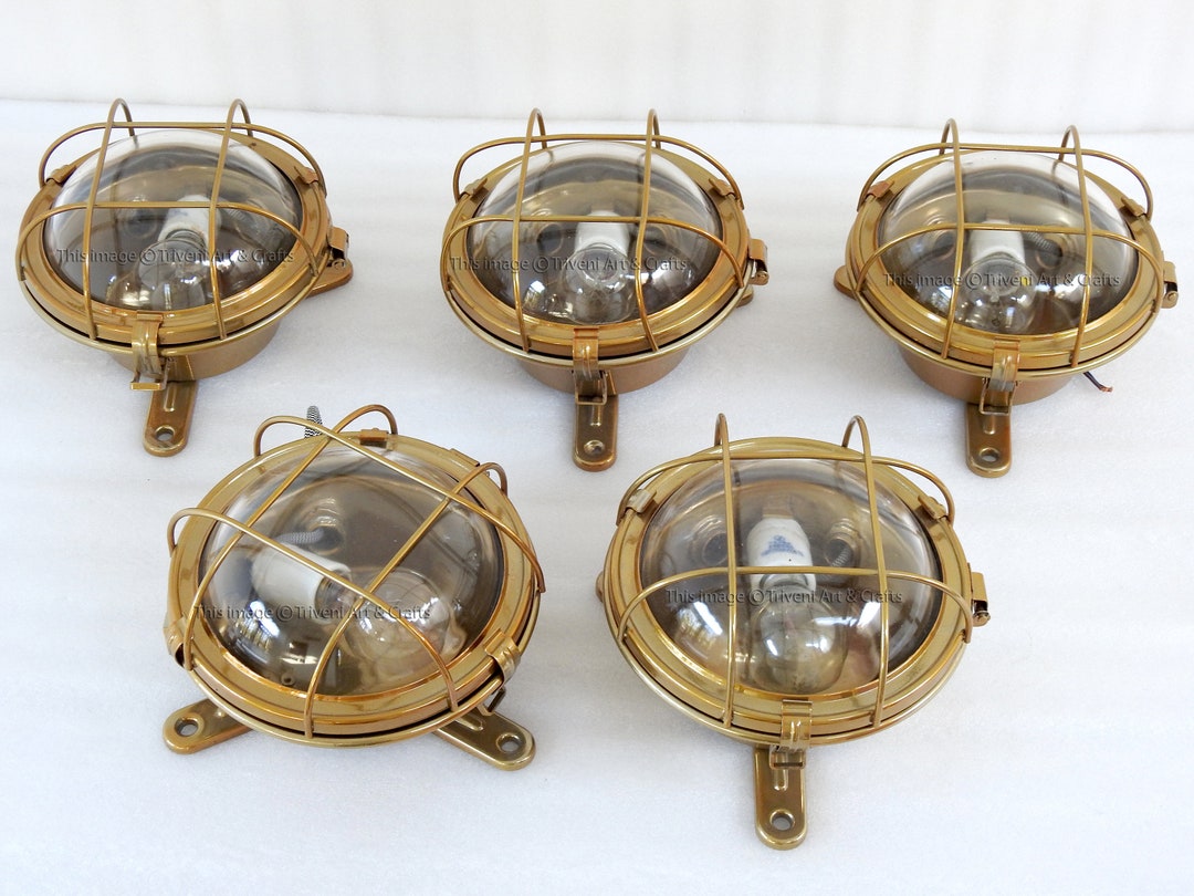Vintage Nautical Brass Finish Cage Ship Salvaged Light, Bulkhead ...