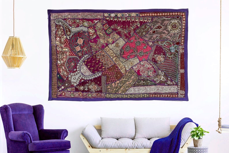Embroidered Indian Tapestry: Handmade Patchwork Beaded Wall Hanging - Etsy