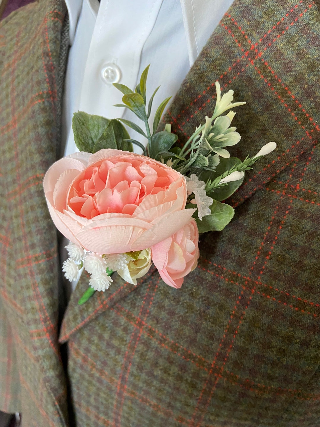 Light Pink & White Silk Peony Buttonhole With Detail - Etsy UK