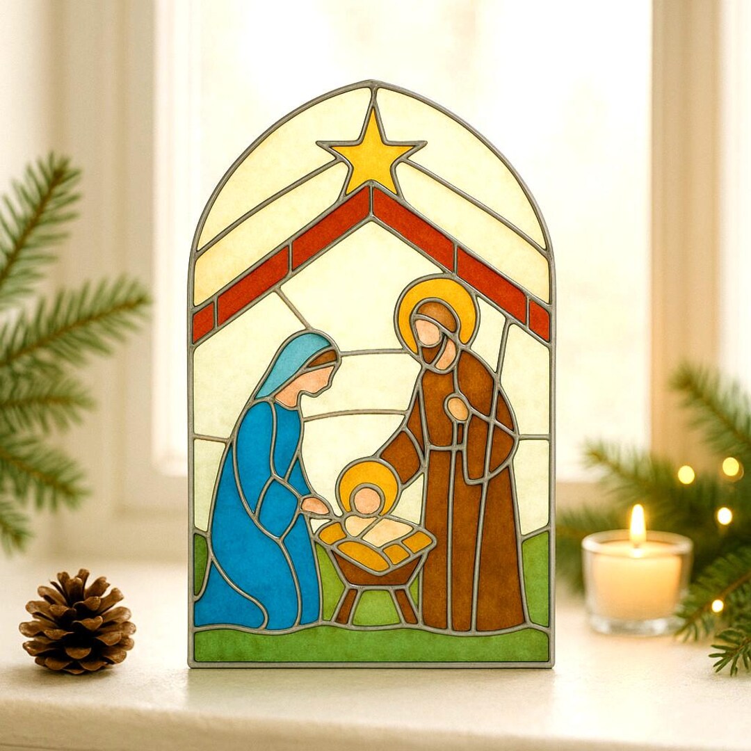 Nativity Stained Glass Pattern, DIY Christmas Suncatcher Template, Holy ...