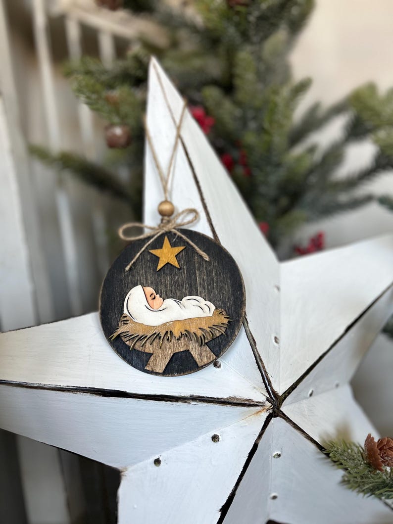 Rustic Nativity Ornament | Baby Jesus Nativity | Farmhouse Christmas ...