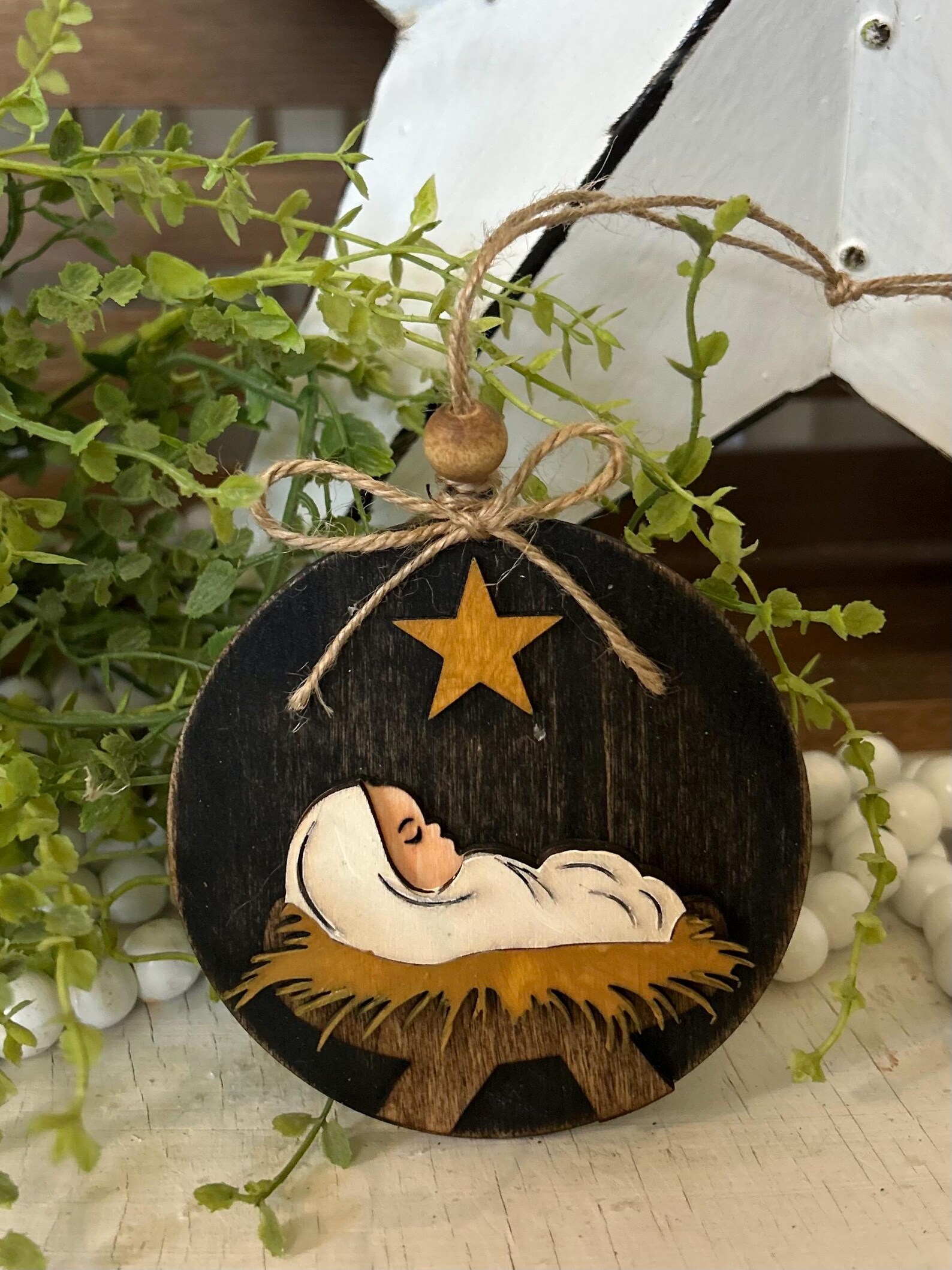 Rustic Nativity Ornament | Baby Jesus Nativity | Farmhouse Christmas ...