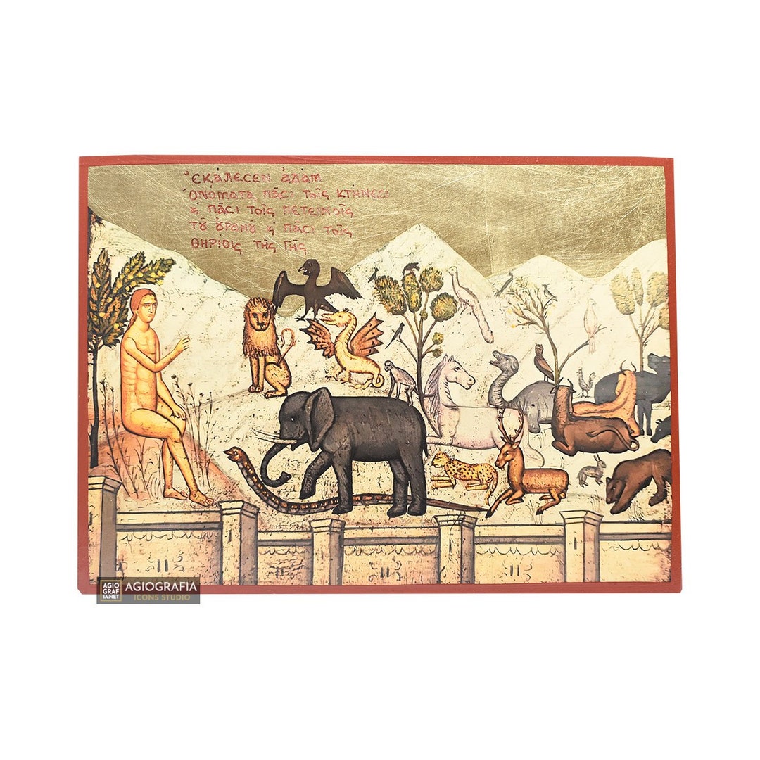 Rightful Adam Naming the Animals Orthodox Icon on Wood With Matte Gold ...