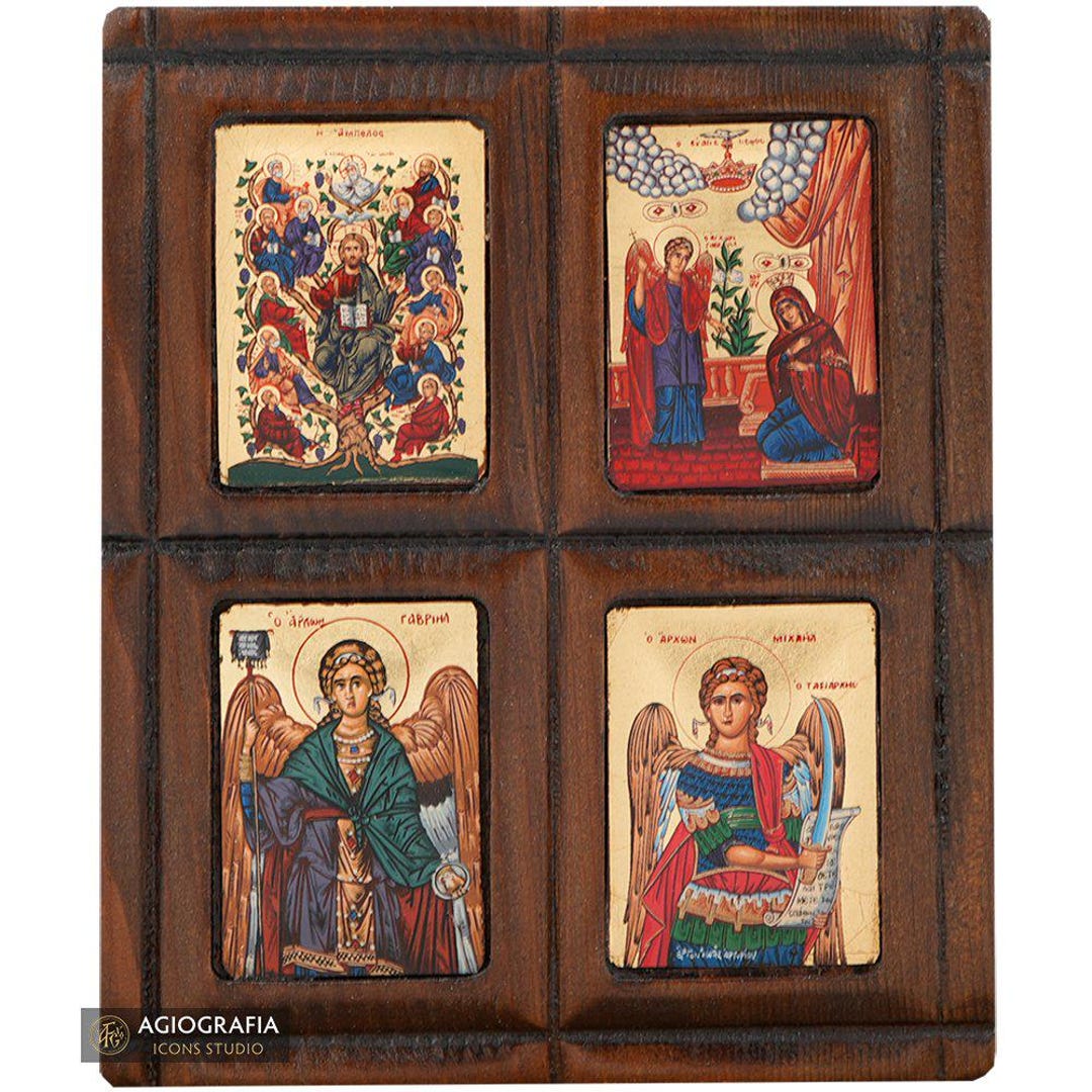 Synthesis of 4 Themes Christian Orthodox Icon on Wood With Gold Leaf ...