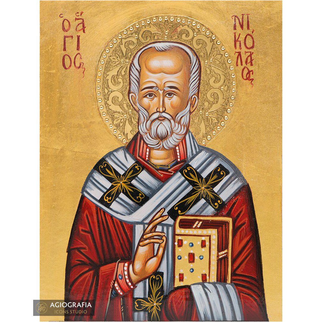 St. Nickolas Handwritten Icon on Wood With 24k Matte Leaves Background ...