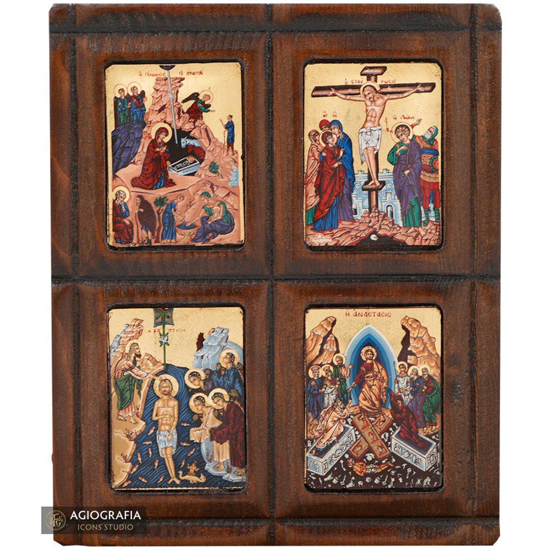 Synthesis of 4 Themes Christian Orthodox Icon on Wood With Gold Leaf ...