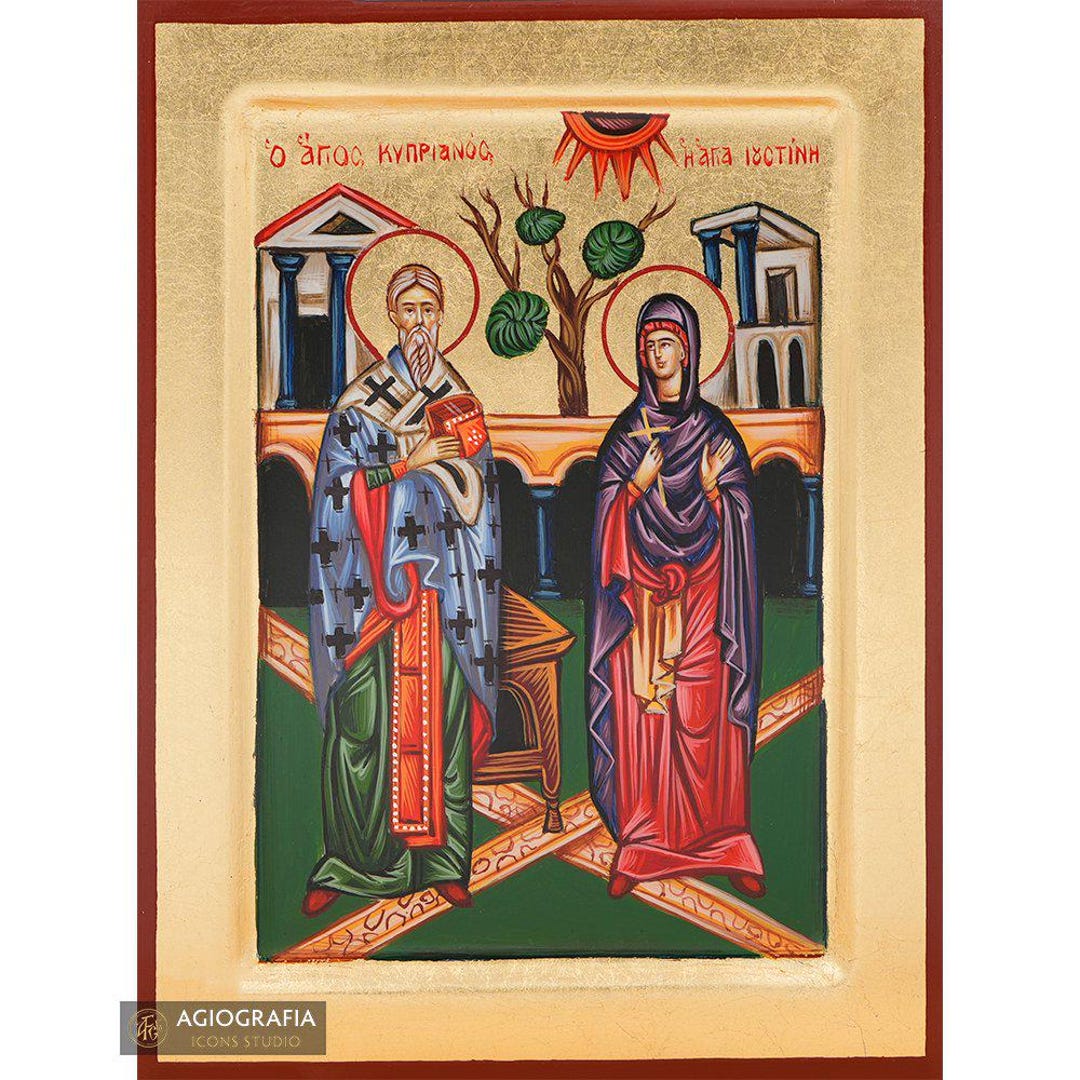 Saints Cyprian & Justine Handwritten Icon on Wood With Matte Gold Leaf ...