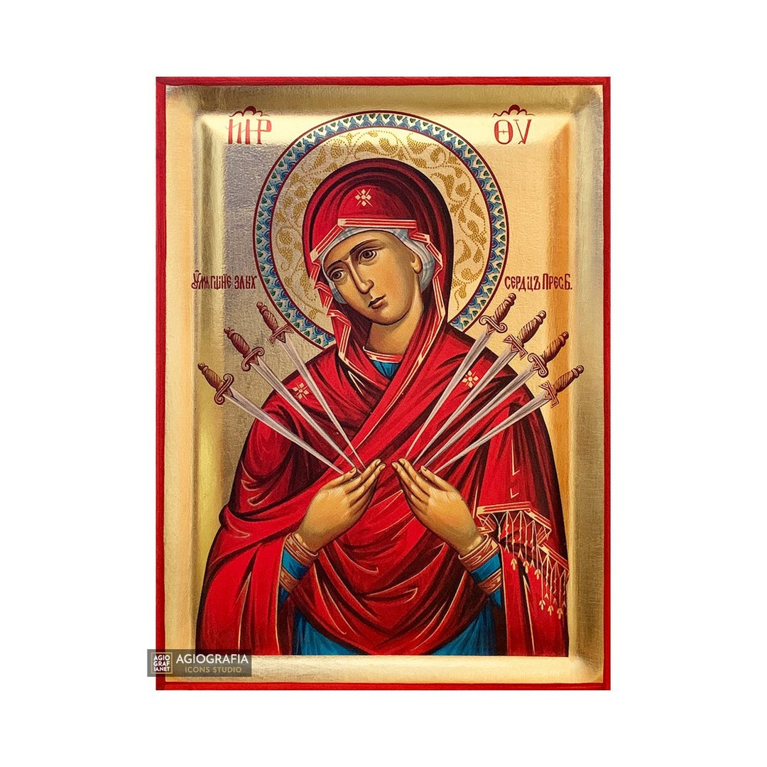 Virgin Mary Seven Swords Handcrafted Icon GOLD LEAVES Background in ...
