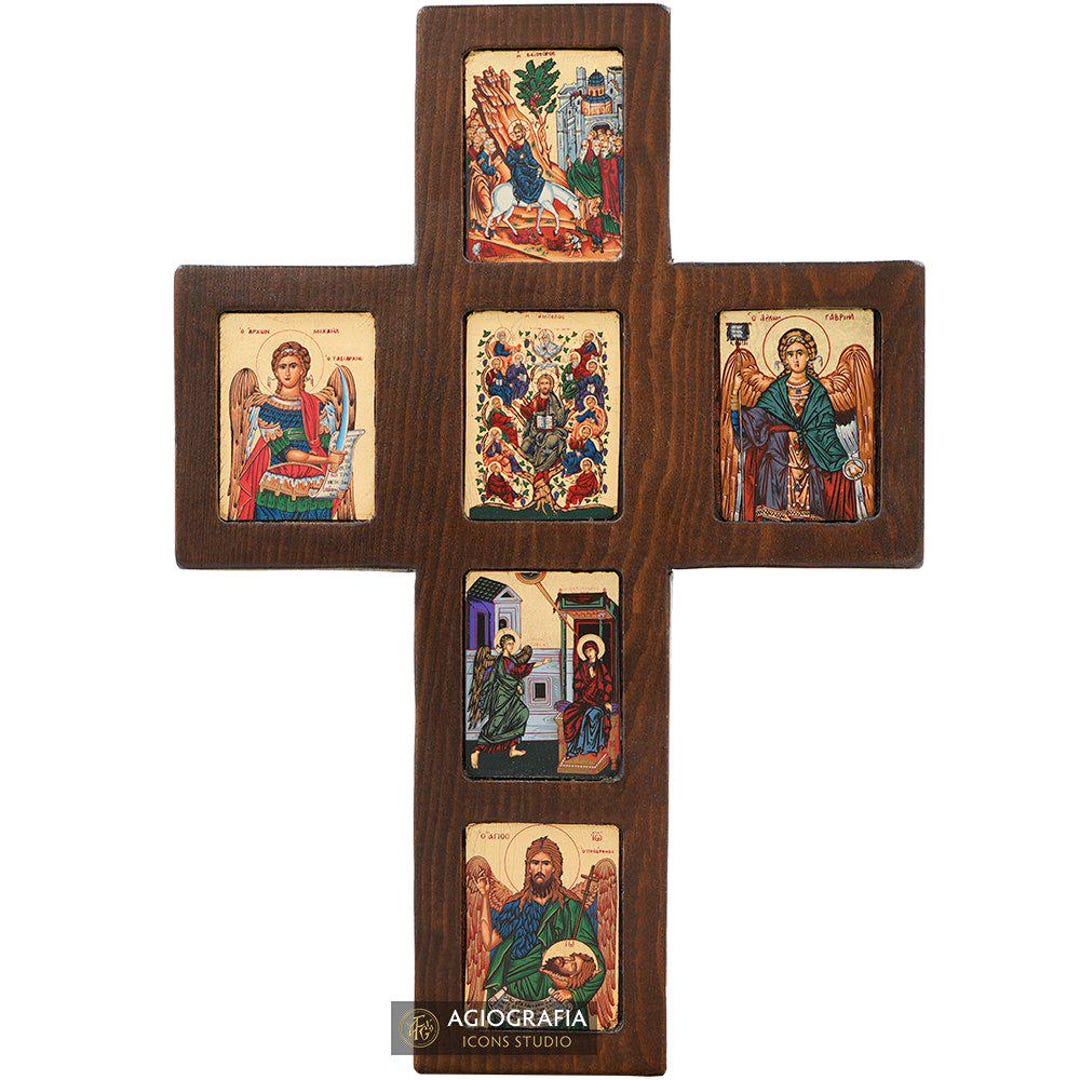 Cross With 6 Themes Christian Orthodox Icon on Wood With Gold Leaf ...
