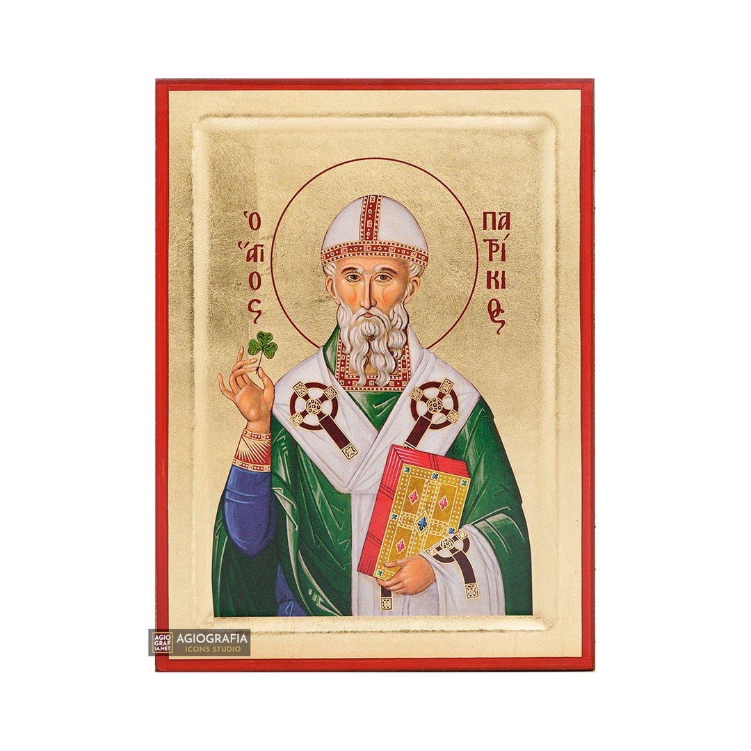 18 Karats Saint Patrick Gold Leaf Greek Orthodox Icon on Wood With ...