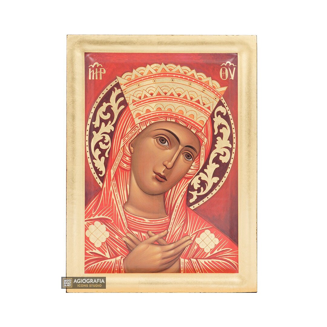 Virgin Mary (red Background) Christian Orthodox Icon on Wood With Gold ...