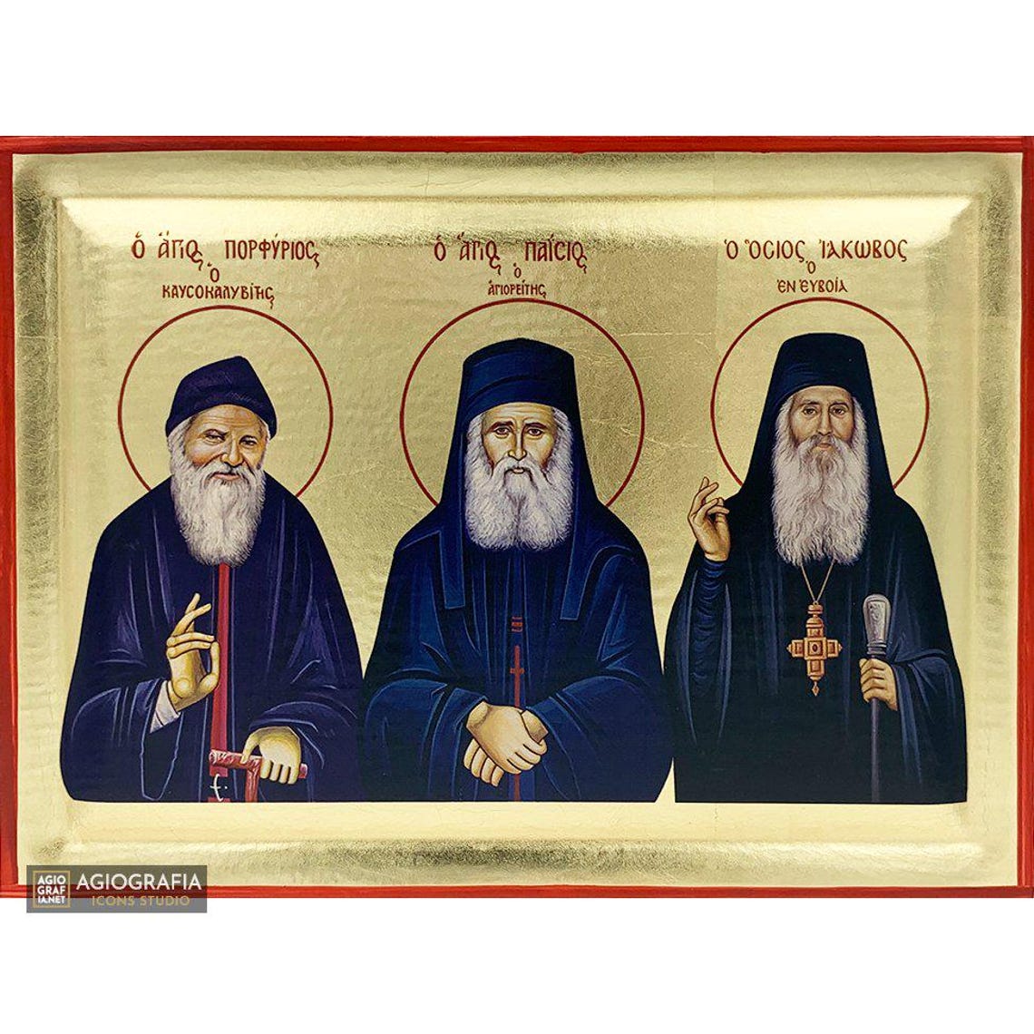 Saints Paisios Porfirios Jacob Icon With GOLD LEAVES in a Recessed ...