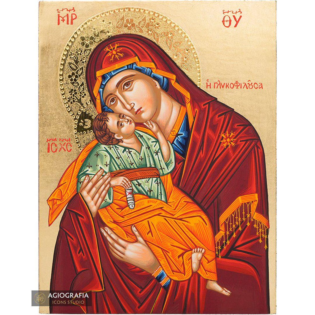 Virgin Mary Sweet Kissing Handwritten Icon on Wood With Gold Leaves and ...