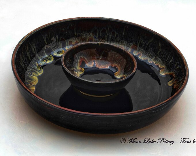 Ceramic Black and Red Drippy Glazed Chip and Dip Bowl Wheel Thrown ...