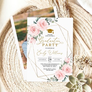 Blush Pink Flowers & Gold Frame Graduation Party Invitation, Printable ...