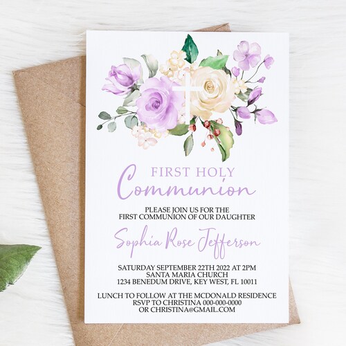 First Holy Communion Invitation EDITABLE Template Lavender | Etsy