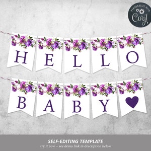 Editable Purple Alphabet Banner Template, Printable Floral Baby Shower ...