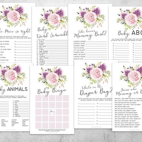 Girl Floral Baby Shower Game Package 8 Printable Purple | Etsy