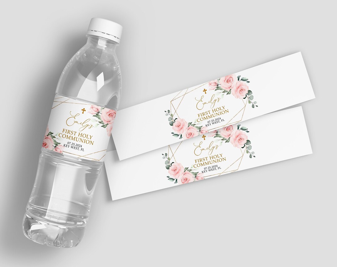 Blush Pink & Gold Water Bottle Label, EDITABLE First Holy Communion ...