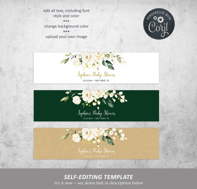 EDITABLE White Flowers Bottle Label Water Labels Printable | Etsy