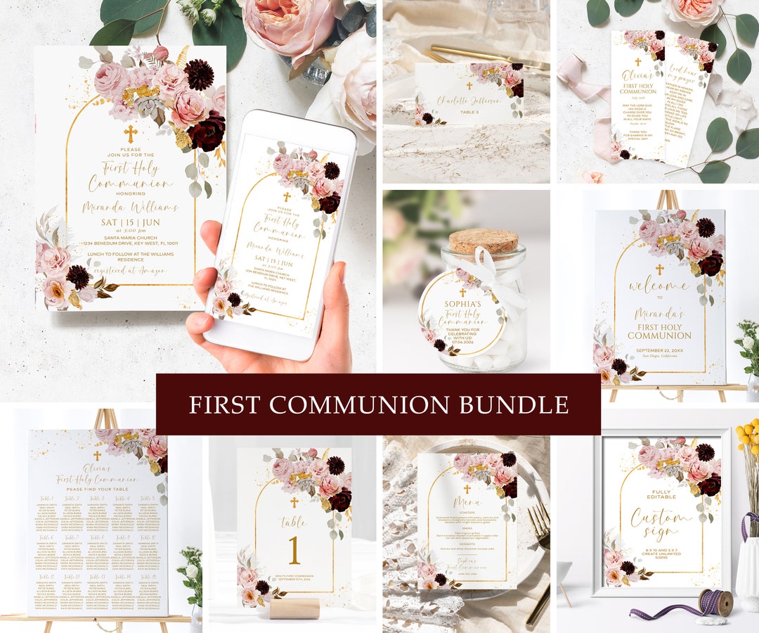 Floral First Communion Bundle, Printable Invitation Set (digital ...