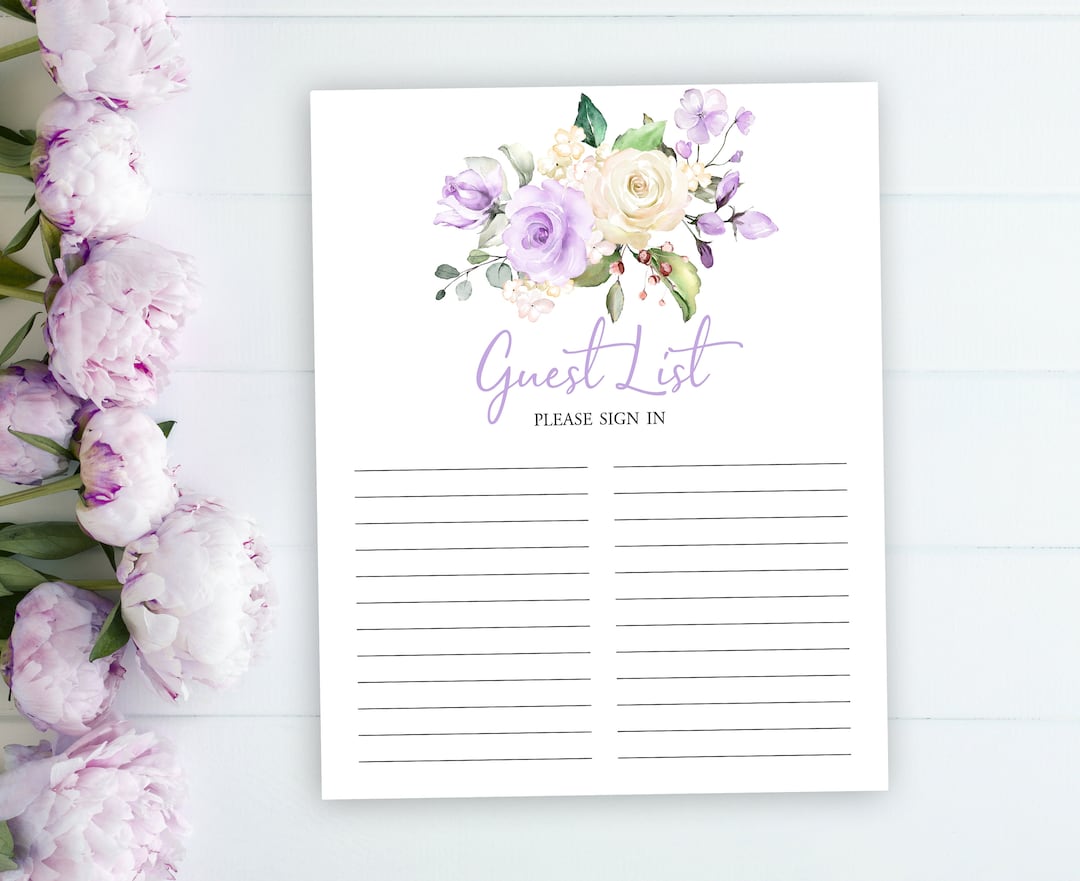 Lavender Guest List Printable Sheet, Baby Shower Party Guest Book ...