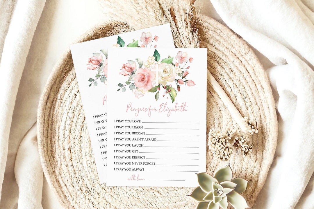 Blush Pink Floral Prayers for Baby Note Cards, Editable Rose Flowers ...