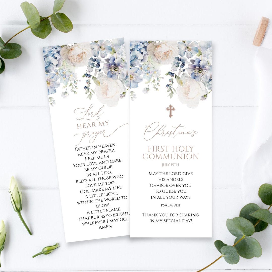 Blue Hydrangea First Communion Bookmark: Editable Keepsake (digital ...
