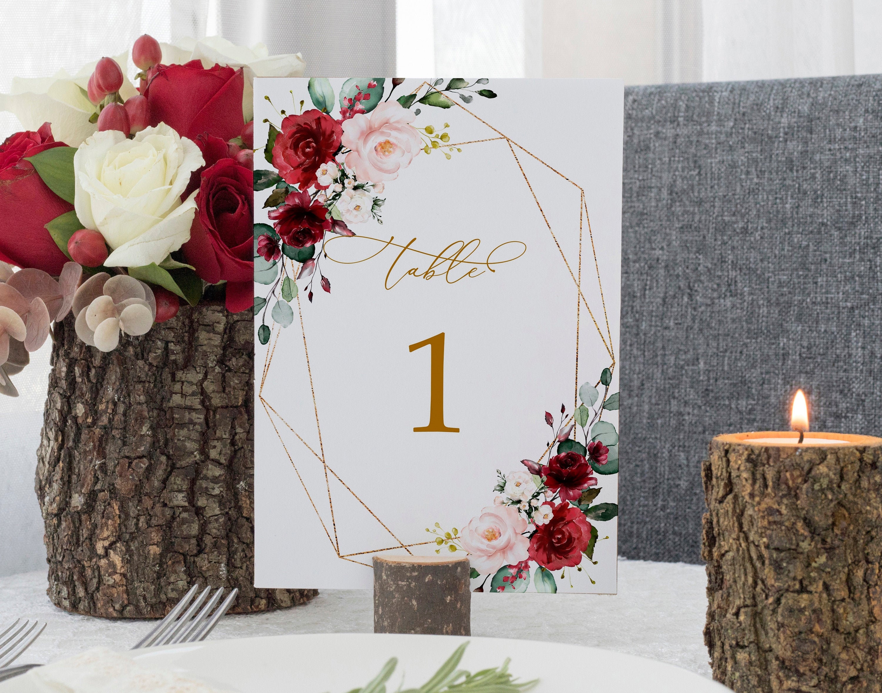 Marsala & Blush Pink Floral Table Numbers EDITABLE Template - Etsy