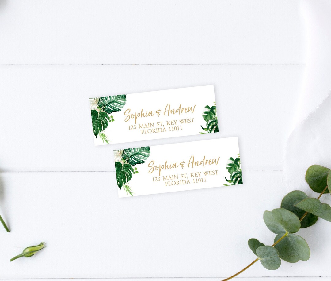 Tropical Greenery Address Label | Editable Palm Leaves & Gold Template ...