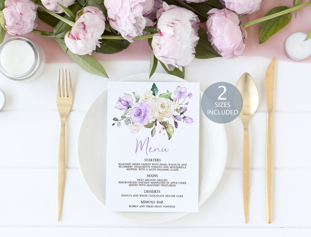 Lavender Rose Menu, EDITABLE Template, Printable Purple Baby Shower ...