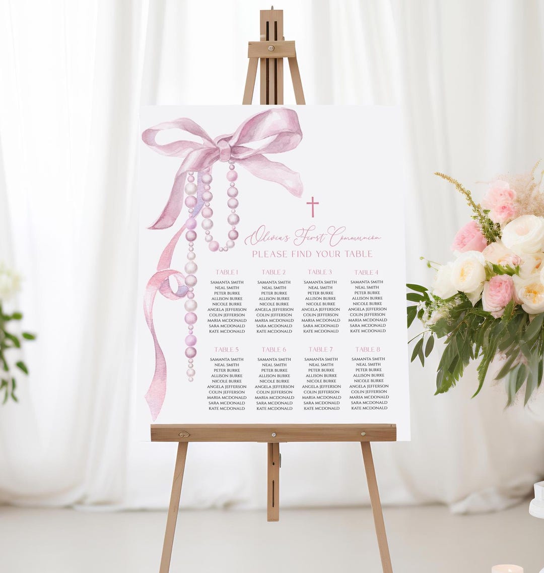First Communion Seating Chart EDITABLE Blush Pink Bow Table Poster ...