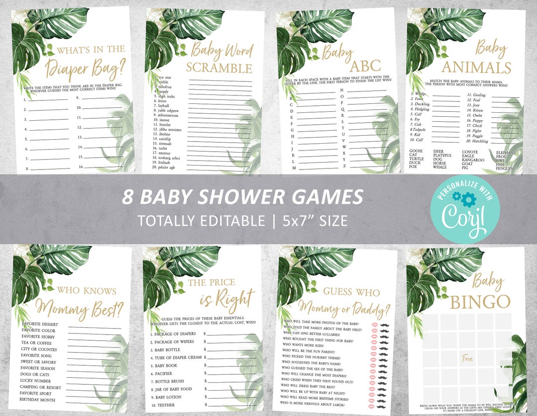 Tropical Baby Shower Game Set, 100% EDITABLE, Greenery Games Bundle ...