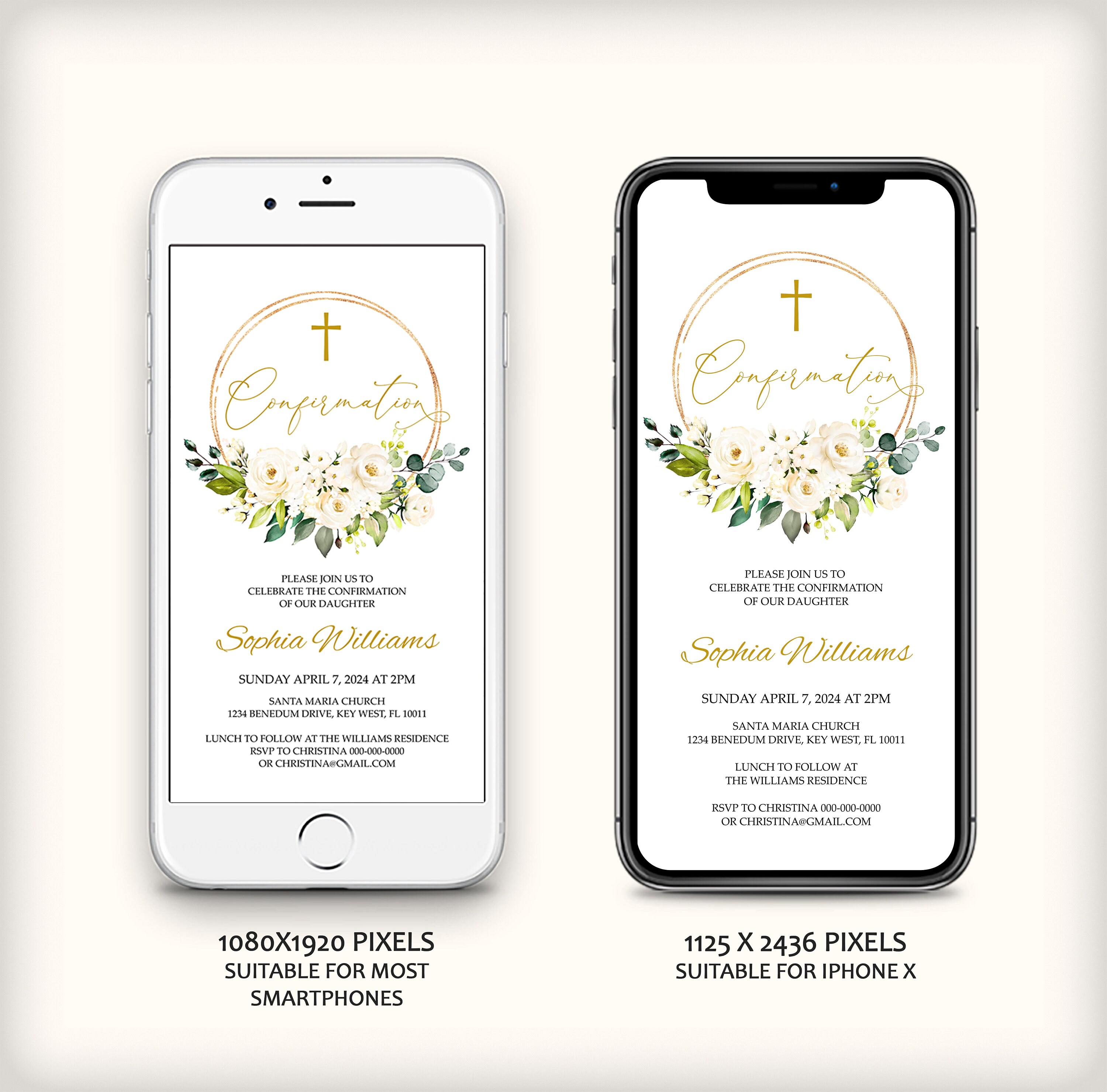 Floral Confirmation Invitation Template: White Flowers, Greenery ...