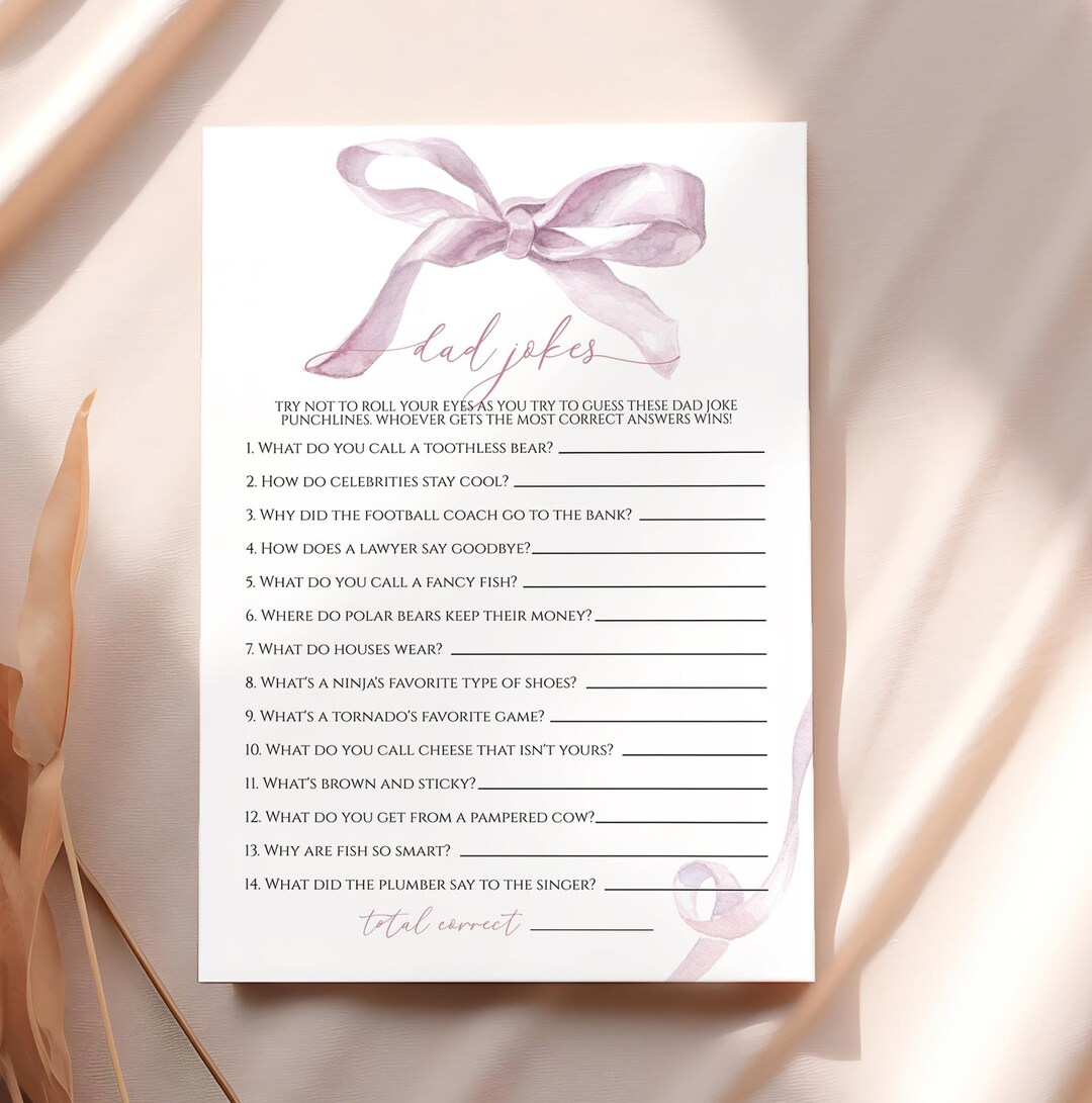 Pink Bow Dad Jokes Baby Shower Game | Blush Pink Funny Jokes & Riddles ...