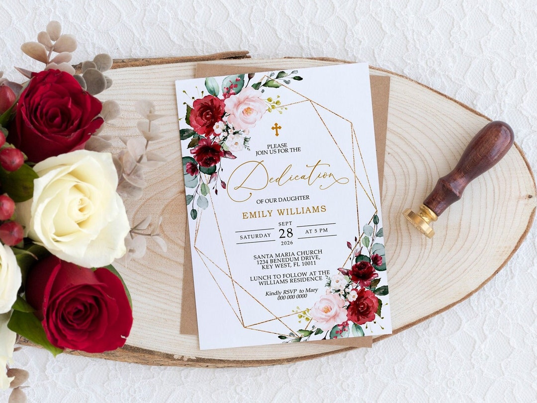 Marsala & Blush Pink Dedication Invitation, EDITABLE Template, Boho ...