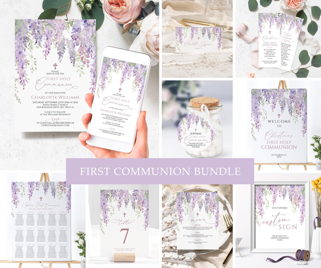 Purple Wisteria First Holy Communion Invitation Bundle (EDITABLE ...