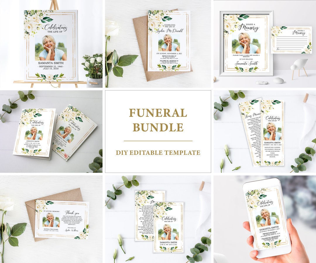 White Flowers Funeral Bundle Template, Editable Memorial Package ...